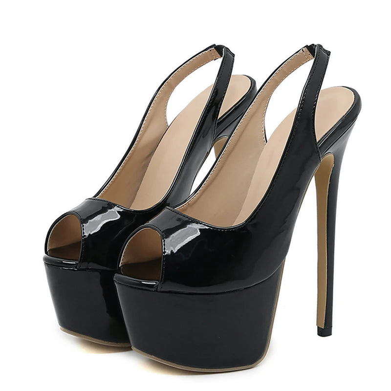 High Gloss Black Platform Stiletto Slingback Heels on Luulla