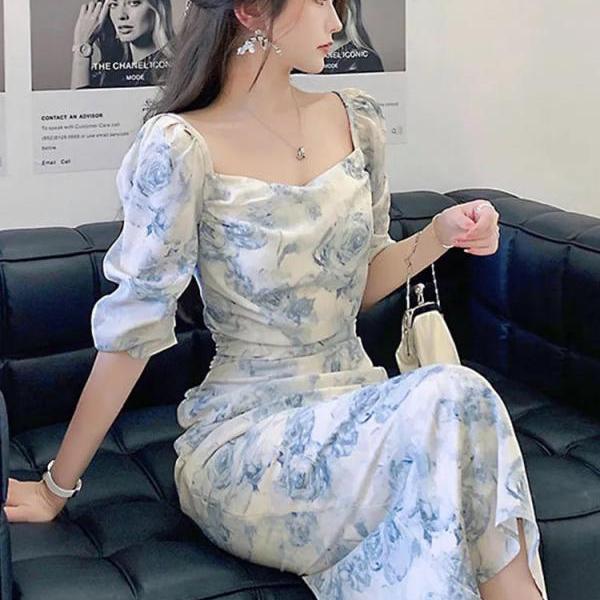 Elegant Puff-sleeve Floral Midi Dress on Luulla