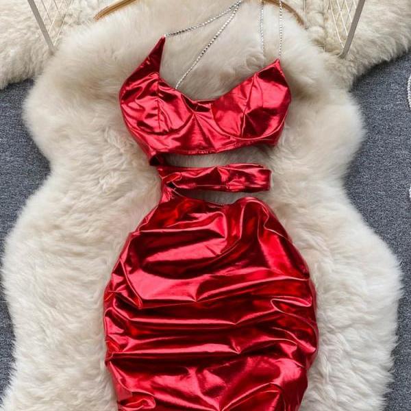 Elegant Satin Red Cocktail Dress With Chain Straps on Luulla