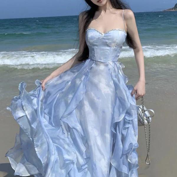 Elegant Blue Beach Dress With Flowing Ruffles on Luulla
