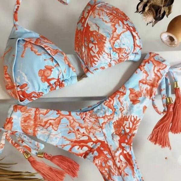 Coral Reef Print Tassel Triangle Bikini Set on Luulla