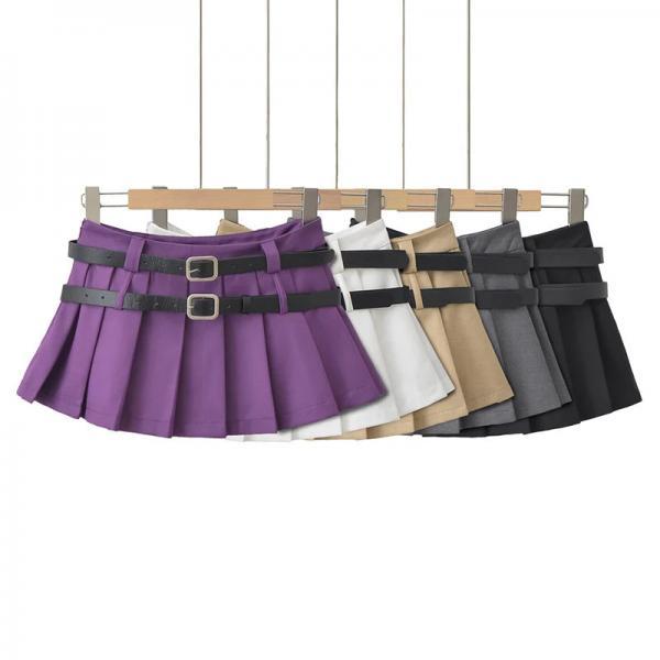 Pleated Mini Skirts With Double Belt Accent on Luulla