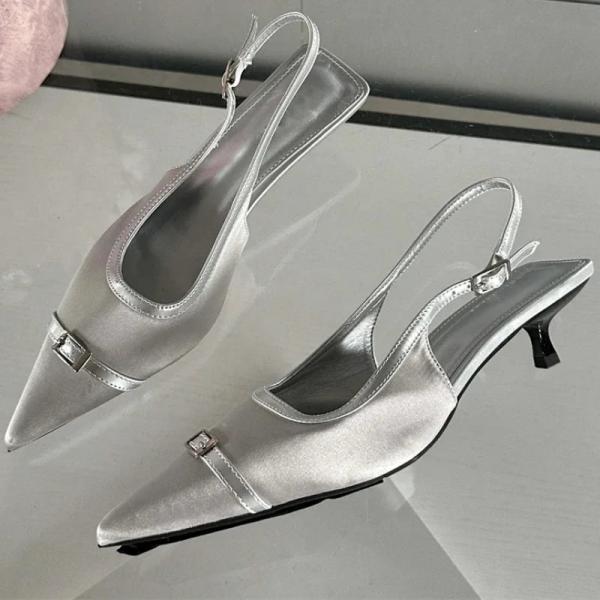 Silver Pointed Toe Slingback Kitten Heel Shoes on Luulla