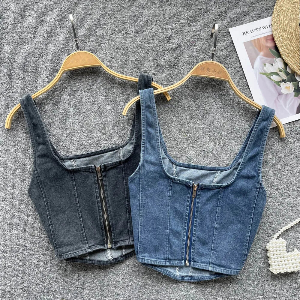 Women Summer Imitation Denim Camis Wide Shoulder Strap Zipper Tank Top ...