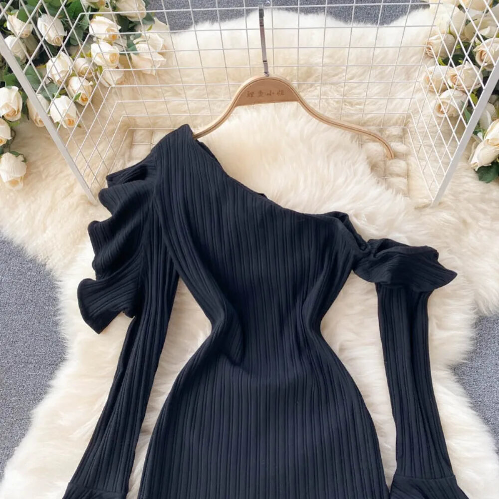 Elegant Ruffle Flare Long Sleeve Dress French Diagonal Collar Off ...