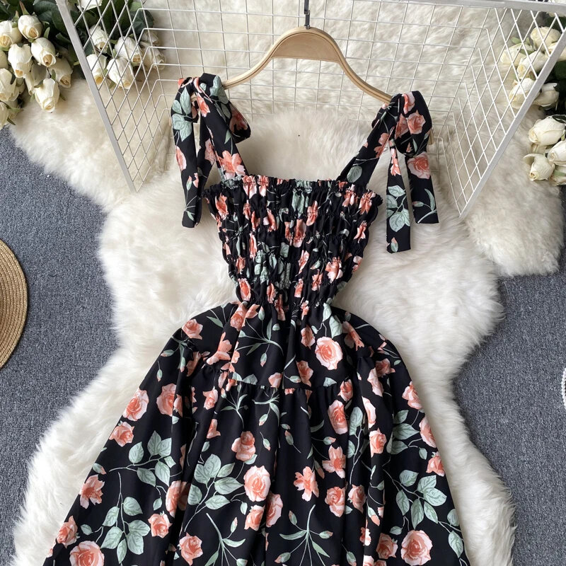 Romantic Floral Print Bandage Straps Dress Summer Vacation Fashion ...