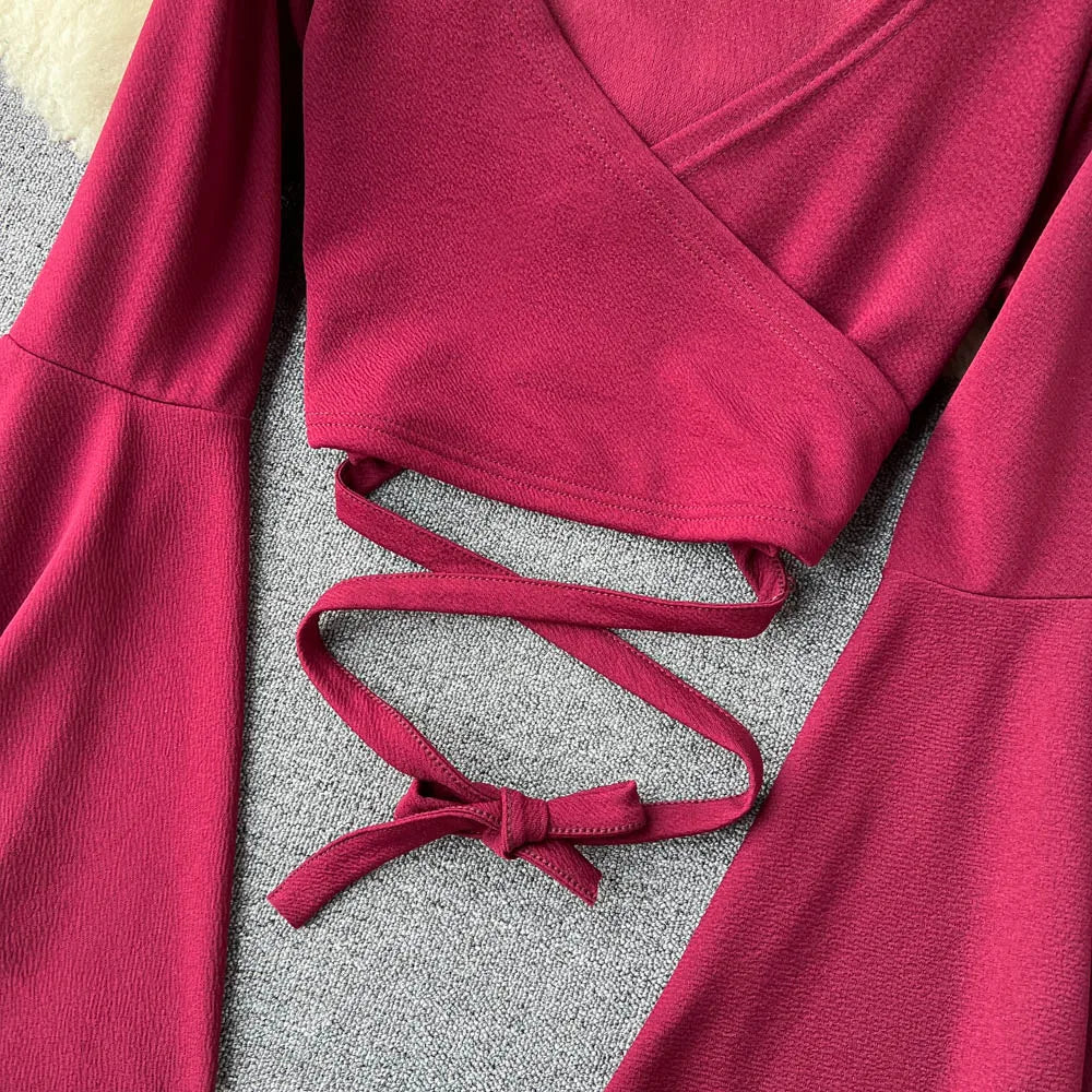 Burgundy Velvet Wrap Blouse With Bell Sleeves Crop Top on Luulla