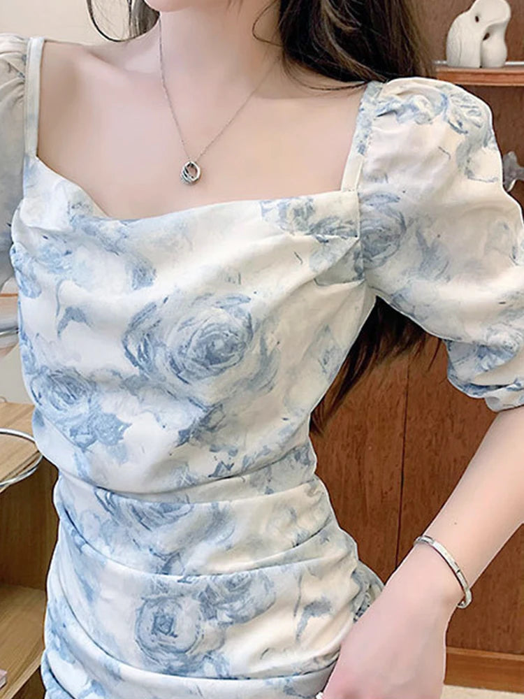 Elegant Puff-sleeve Floral Midi Dress on Luulla