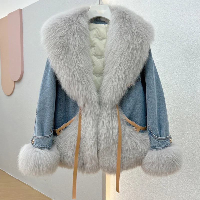 Luxurious Faux Fur Collar Denim Jacket With Pompoms on Luulla