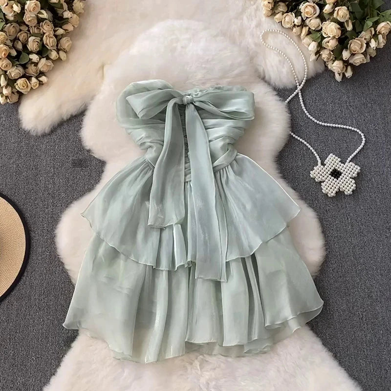 Elegant Mint Green Ruffled Dress With Bow Tie on Luulla