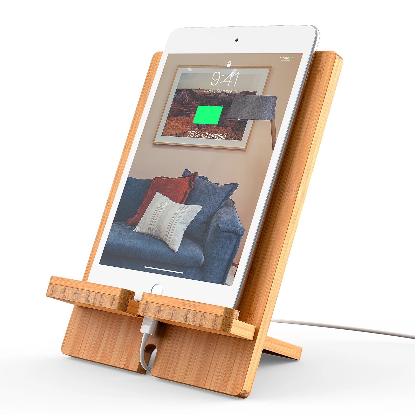Bamboo Tablet Stand With Integrated Charging Dock on Luulla