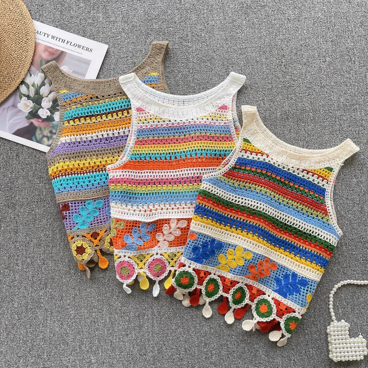 Bohemian Style Crochet Knitted Tassel Tank Tops For Women on Luulla