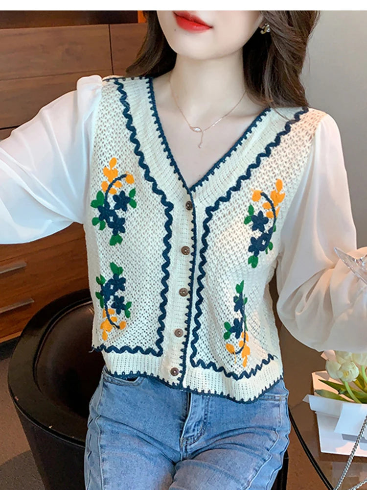 Vintage Floral Embroidered Knit Cardigan With Lace Sleeves on Luulla