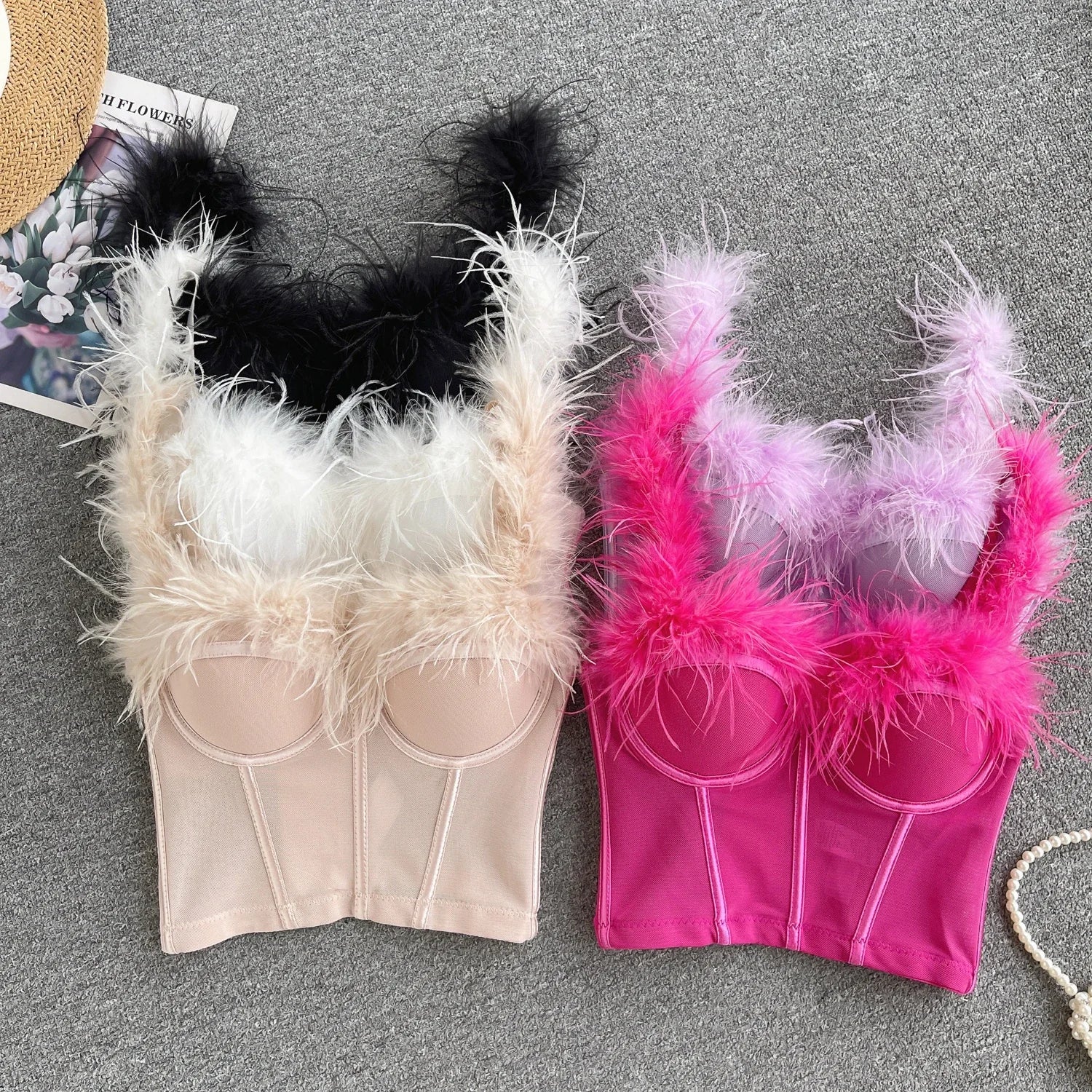 Womens Fluffy Feather Bustier Crop Top Lingerie on Luulla