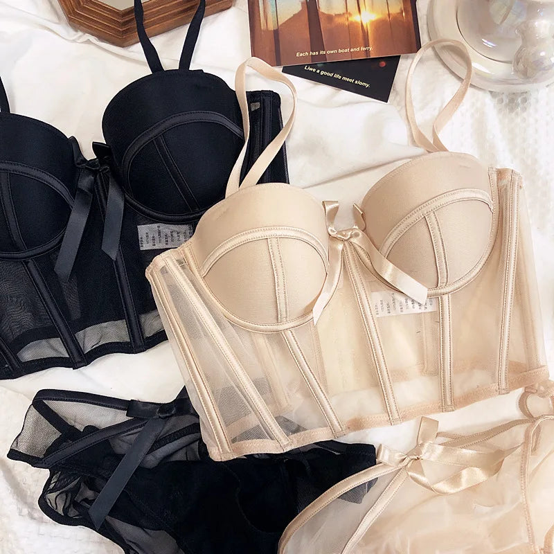 Elegant Sheer Mesh Panel Bustier Lingerie Set on Luulla