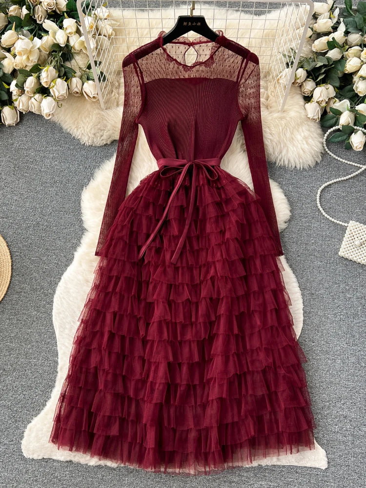 Elegant Burgundy Lace Long Sleeve Tulle Evening Dress on Luulla