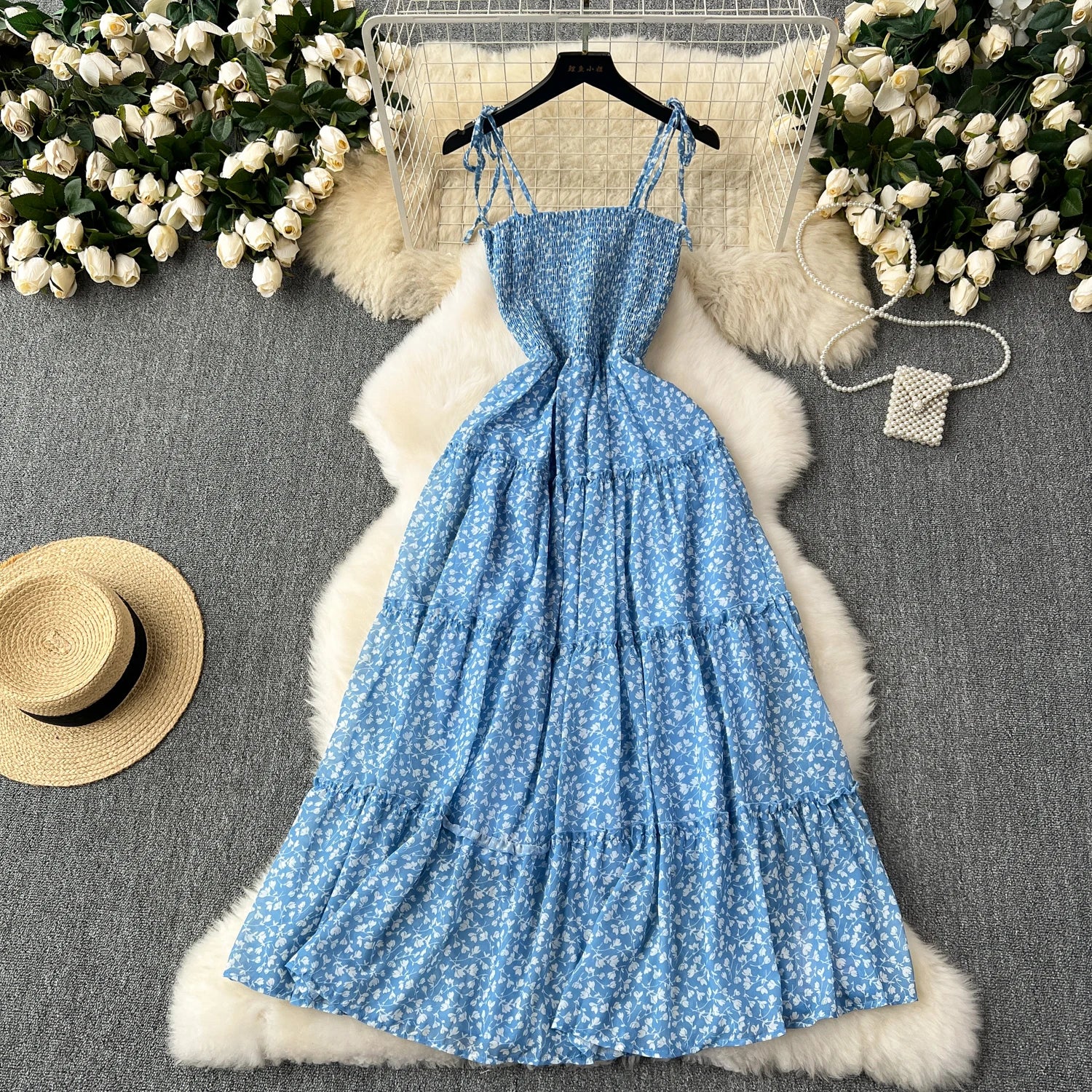 Floral Print Blue Summer Midi Dress With Pockets on Luulla