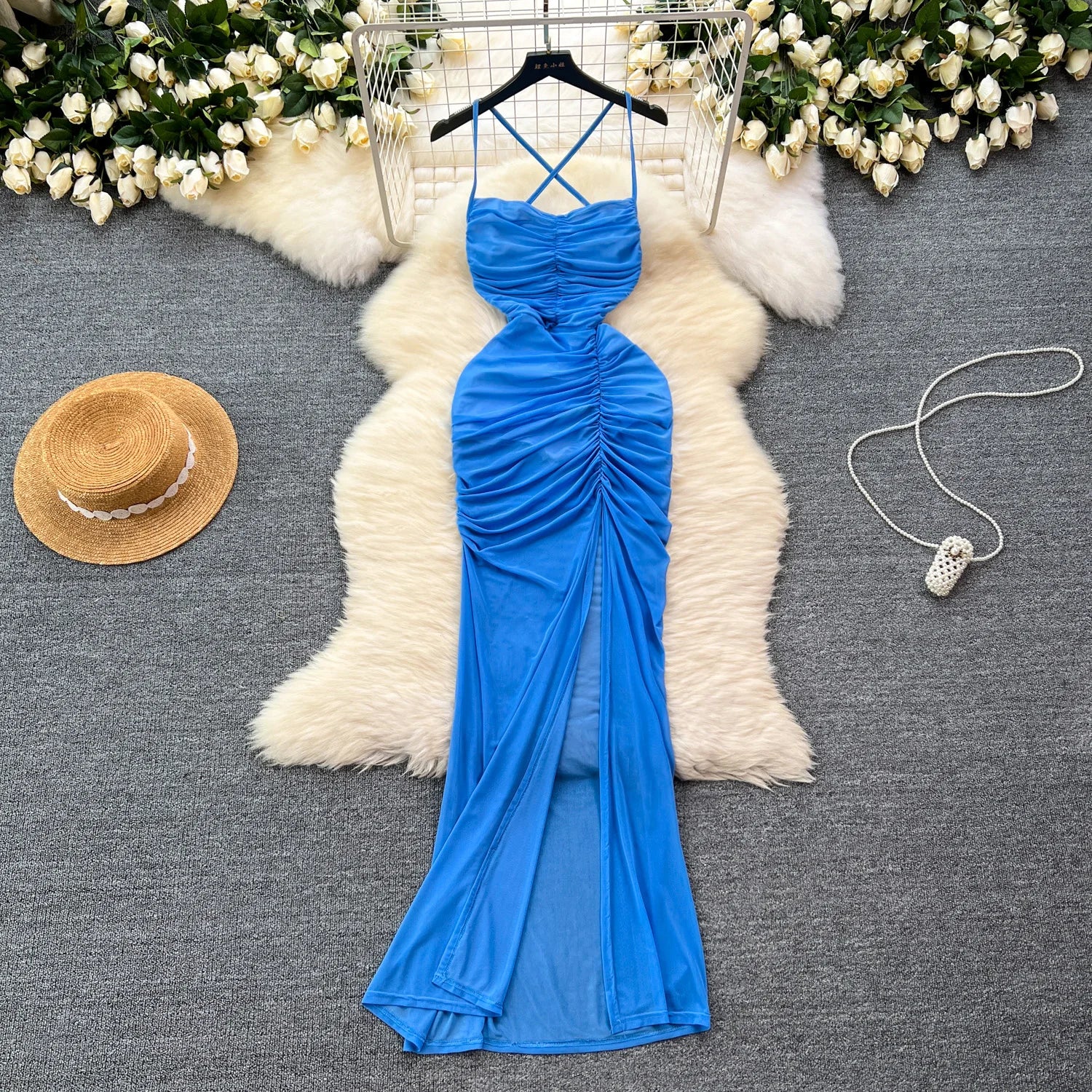 Elegant Sapphire Blue Ruched Evening Gown With Slit on Luulla