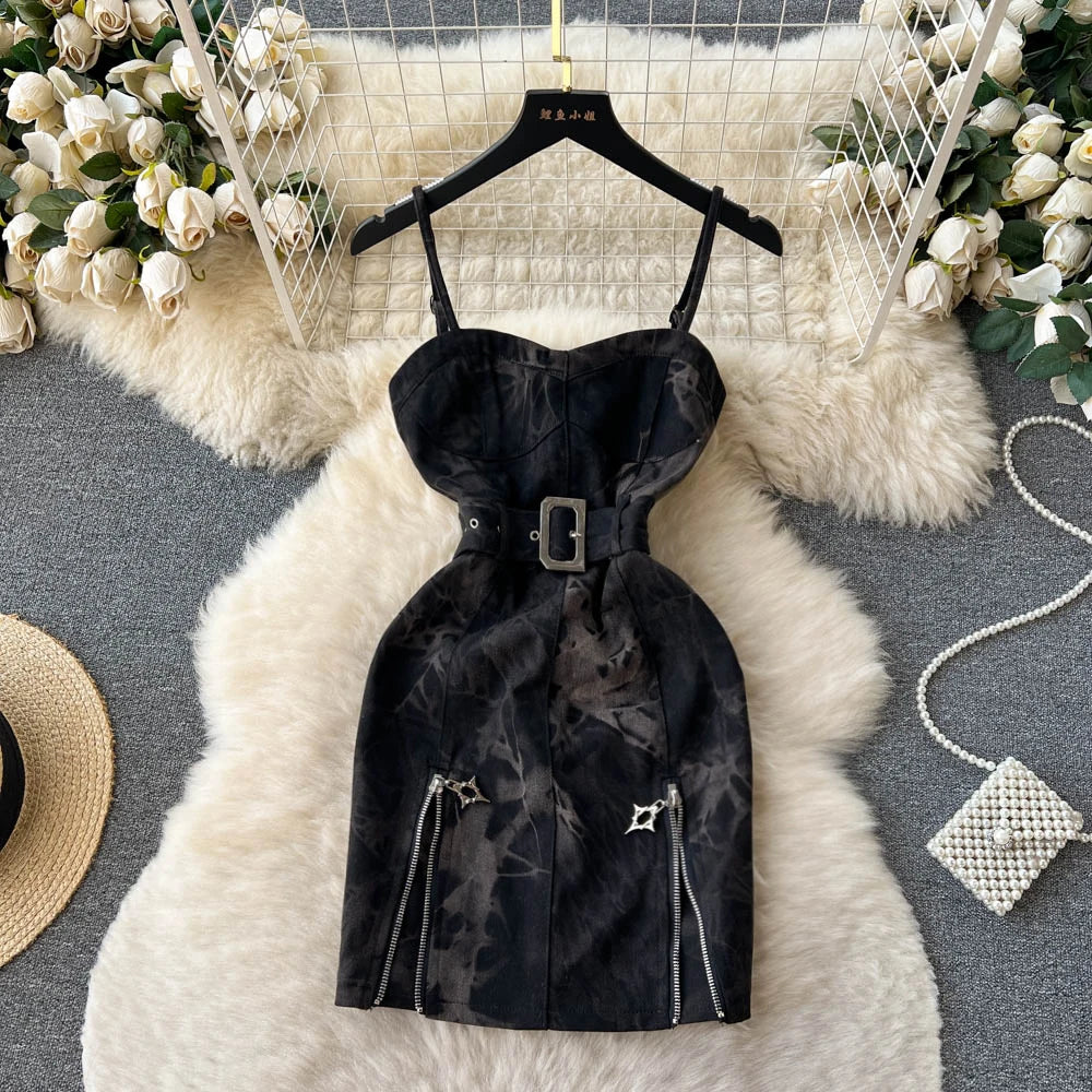 Womens Strapless Belted Mini Dress With Zipper Details on Luulla