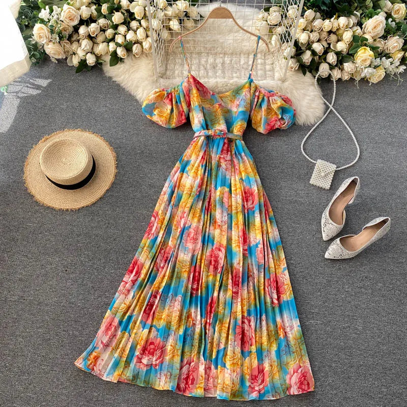 Bohemian Floral Print Maxi Dress With Puff Sleeves on Luulla
