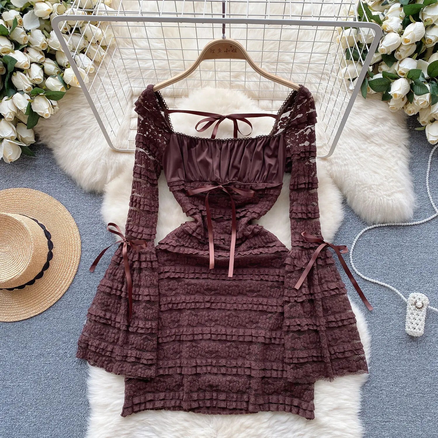 Boho Lace Ruffle Sleeve Peplum Blouse With Ribbon Detail on Luulla