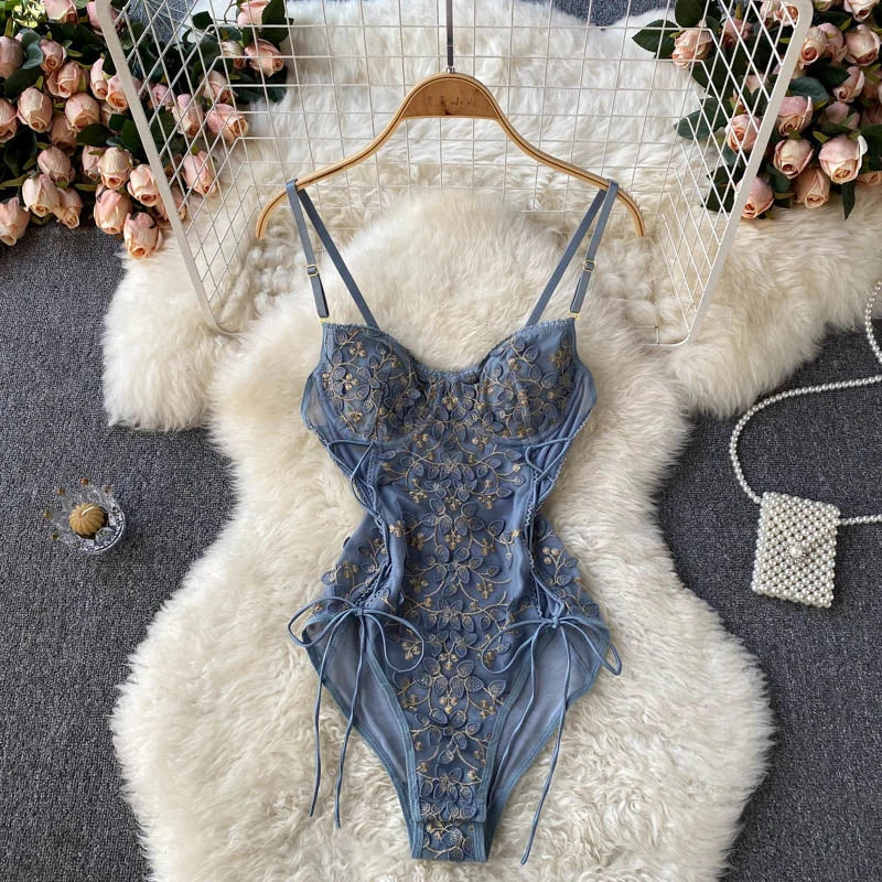 Elegant Embroidered Lace-up Satin Bodysuit Lingerie Blue on Luulla