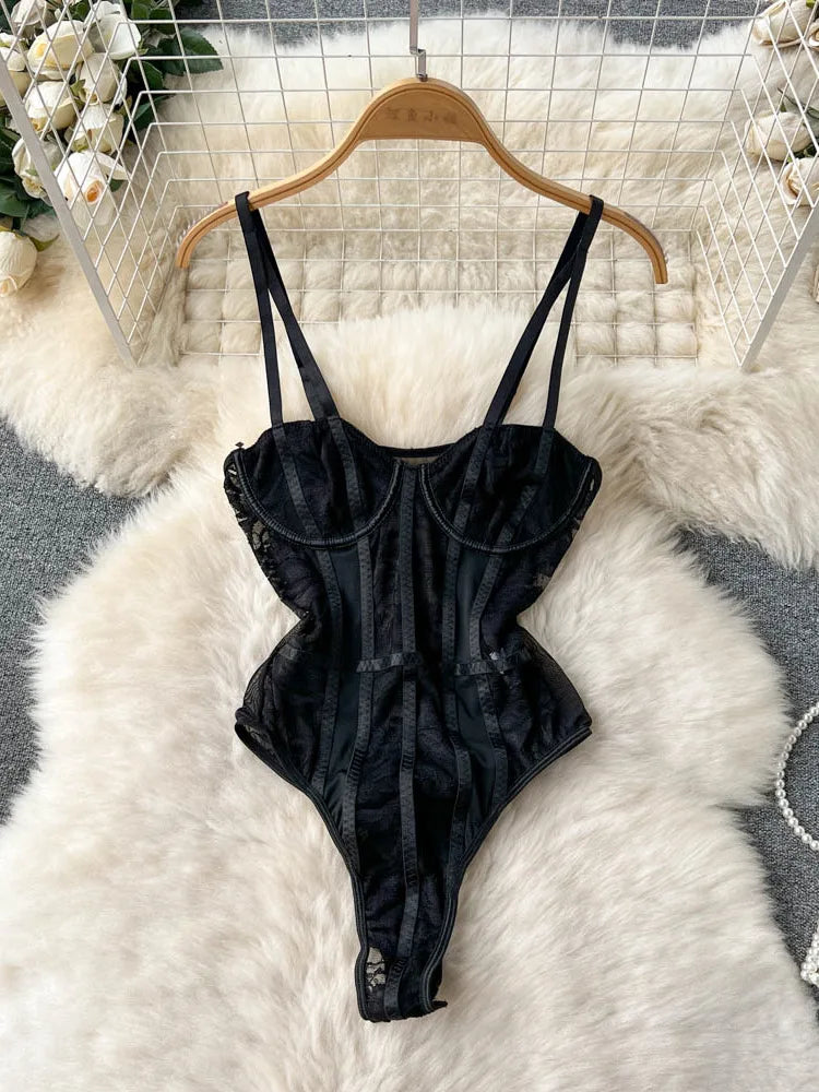 Elegant Black Lace Corset-style Bodysuit With Thin Straps on Luulla