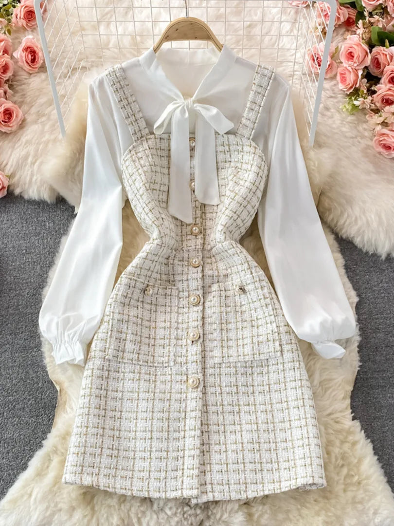 Elegant Tweed Pinafore Dress With White Bow Blouse on Luulla