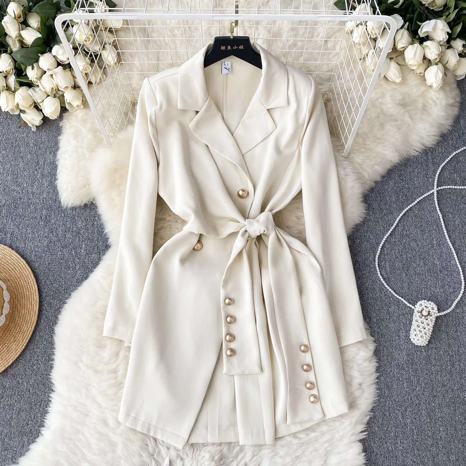 Elegant Ivory Trench Coat With Waist Tie And Pearls on Luulla