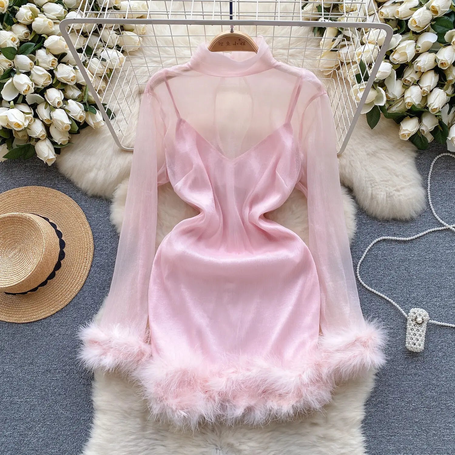 Pink Sheer Long Sleeve Dress With Fluffy Trim on Luulla