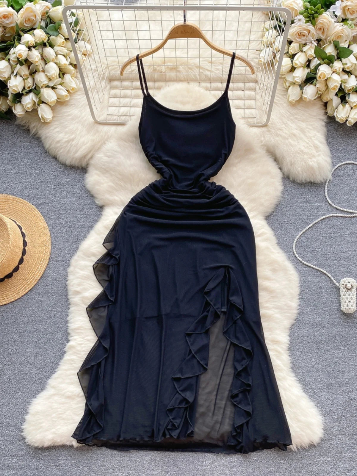 Elegant Navy Blue Ruched Cocktail Dress With Ruffles on Luulla