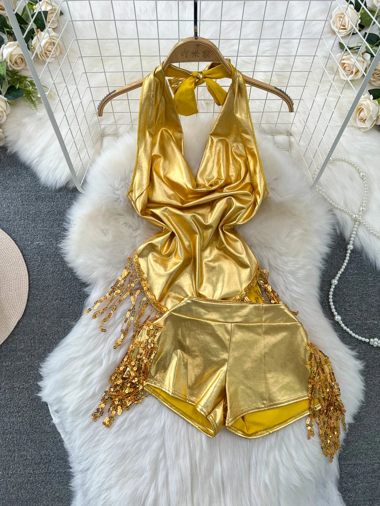 Womens Metallic Gold Halter Top With Sequin Fringe Shorts on Luulla