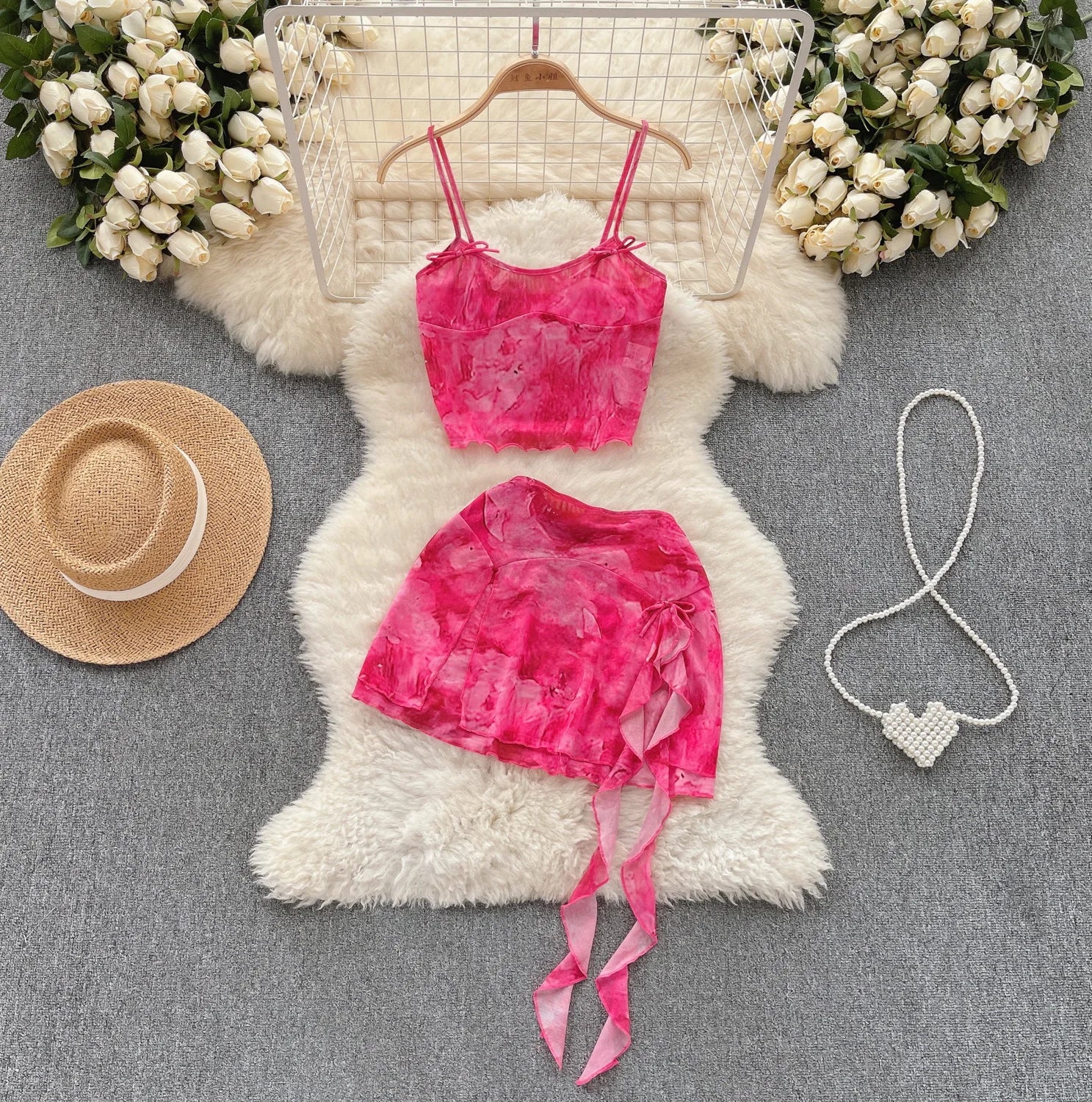 Womens Pink Sheer Crop Top And Skirt Set on Luulla