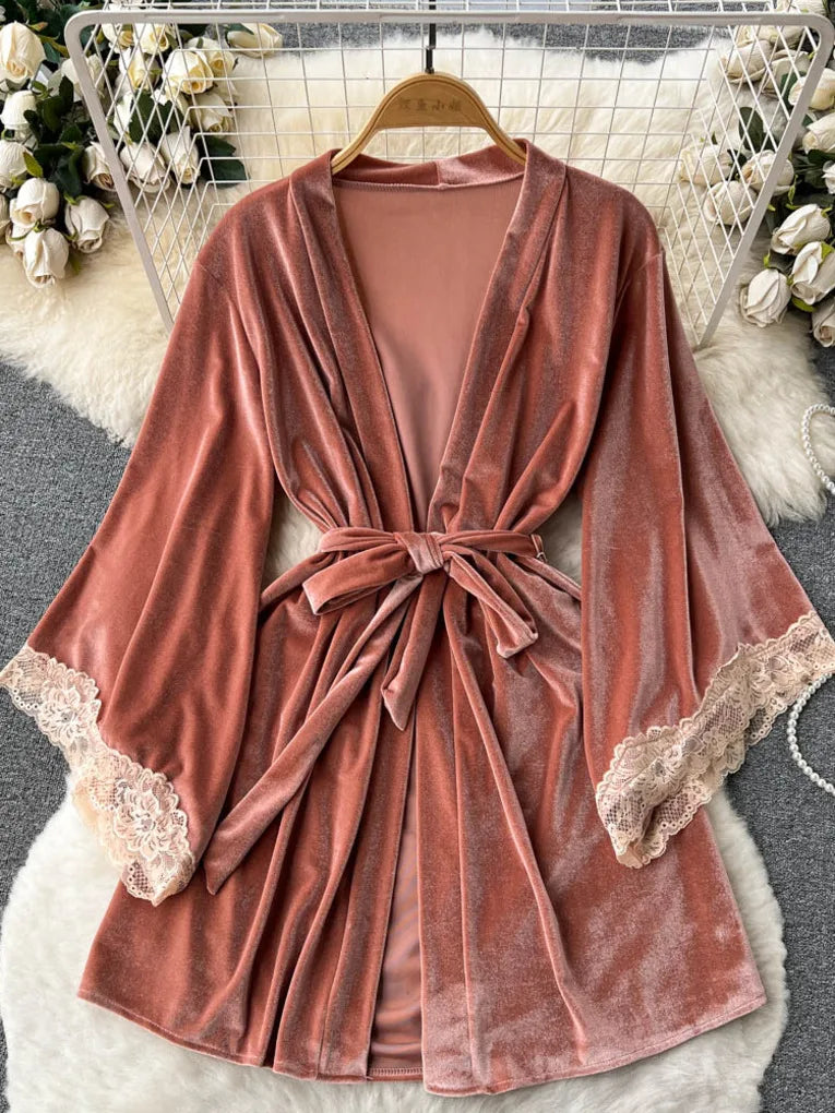 Womens Velvet Robe With Lace Trim And Tie Waist on Luulla