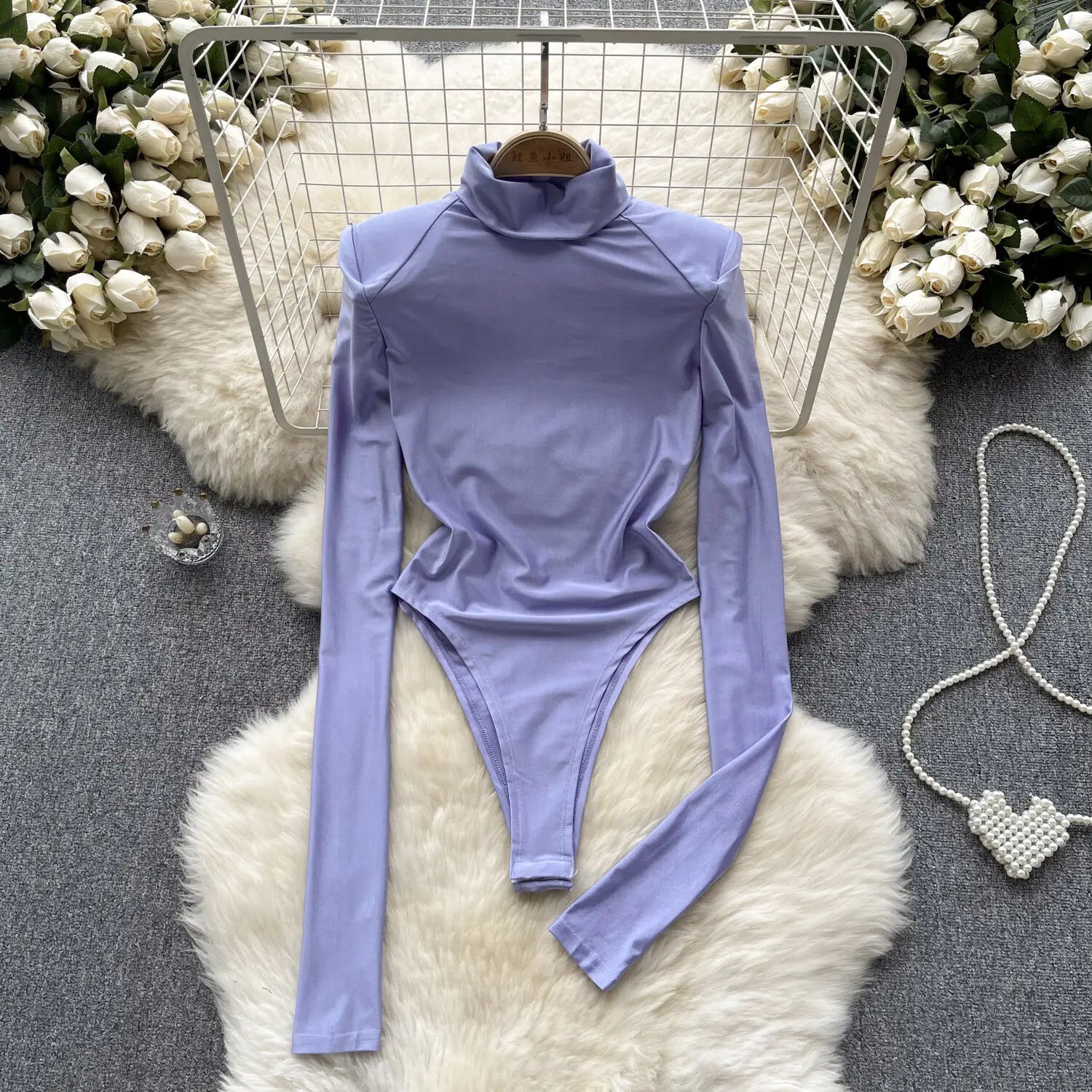 Womens Lilac Turtleneck Long-sleeve Bodysuit Fashion Apparel on Luulla