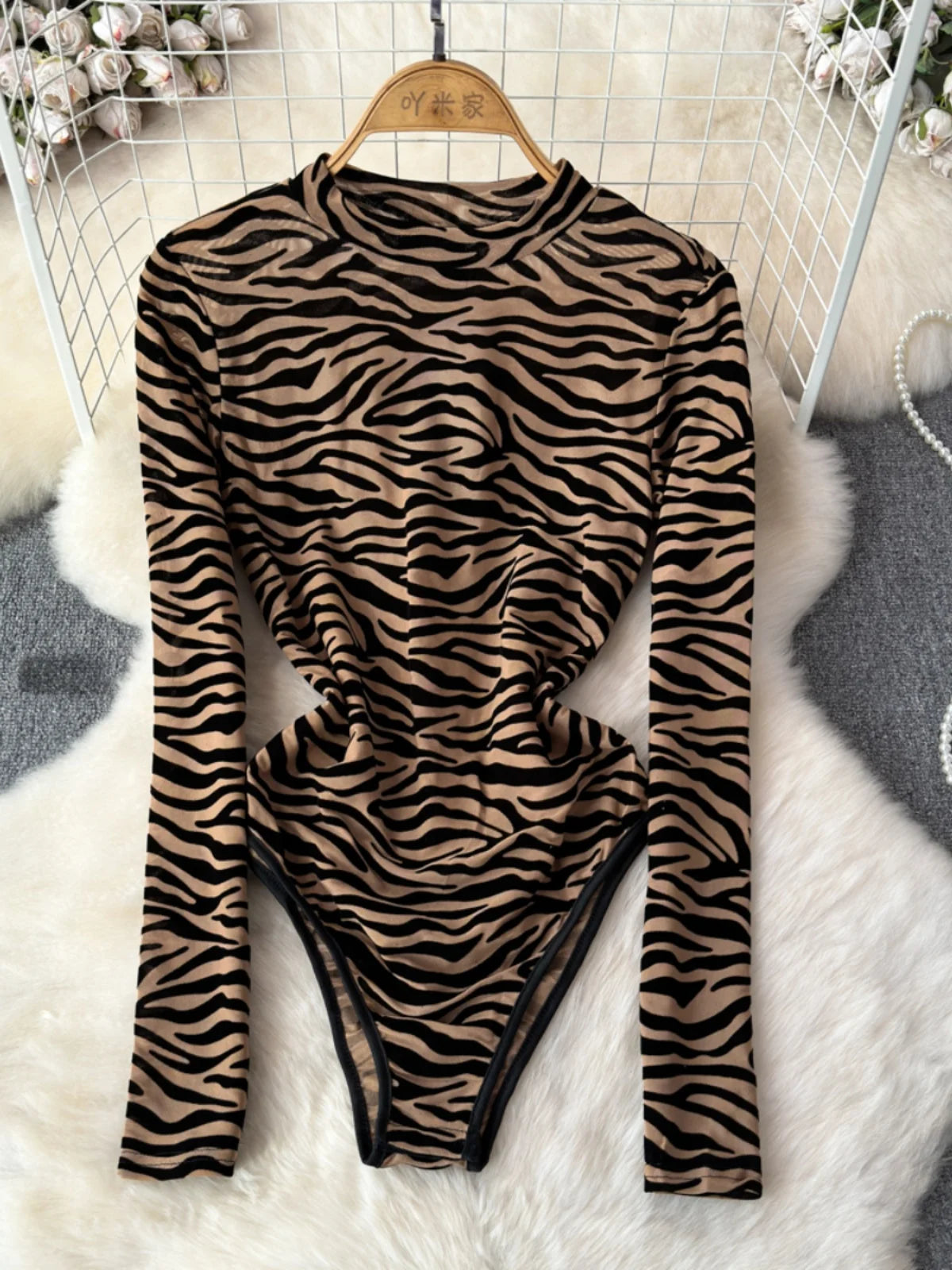 Womens Long Sleeve Zebra Print Bodysuit With High Neck on Luulla