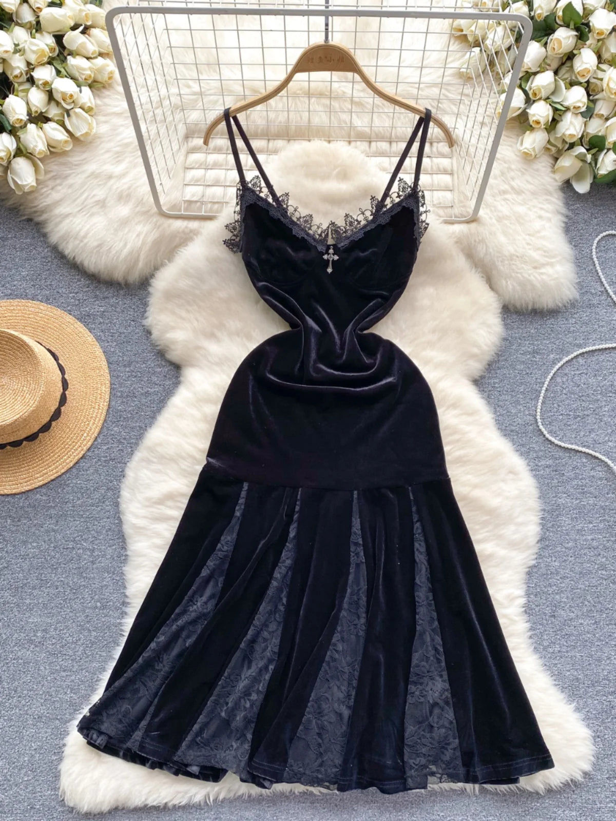 Elegant Velvet Lace Trim Nightgown With Spaghetti Straps on Luulla