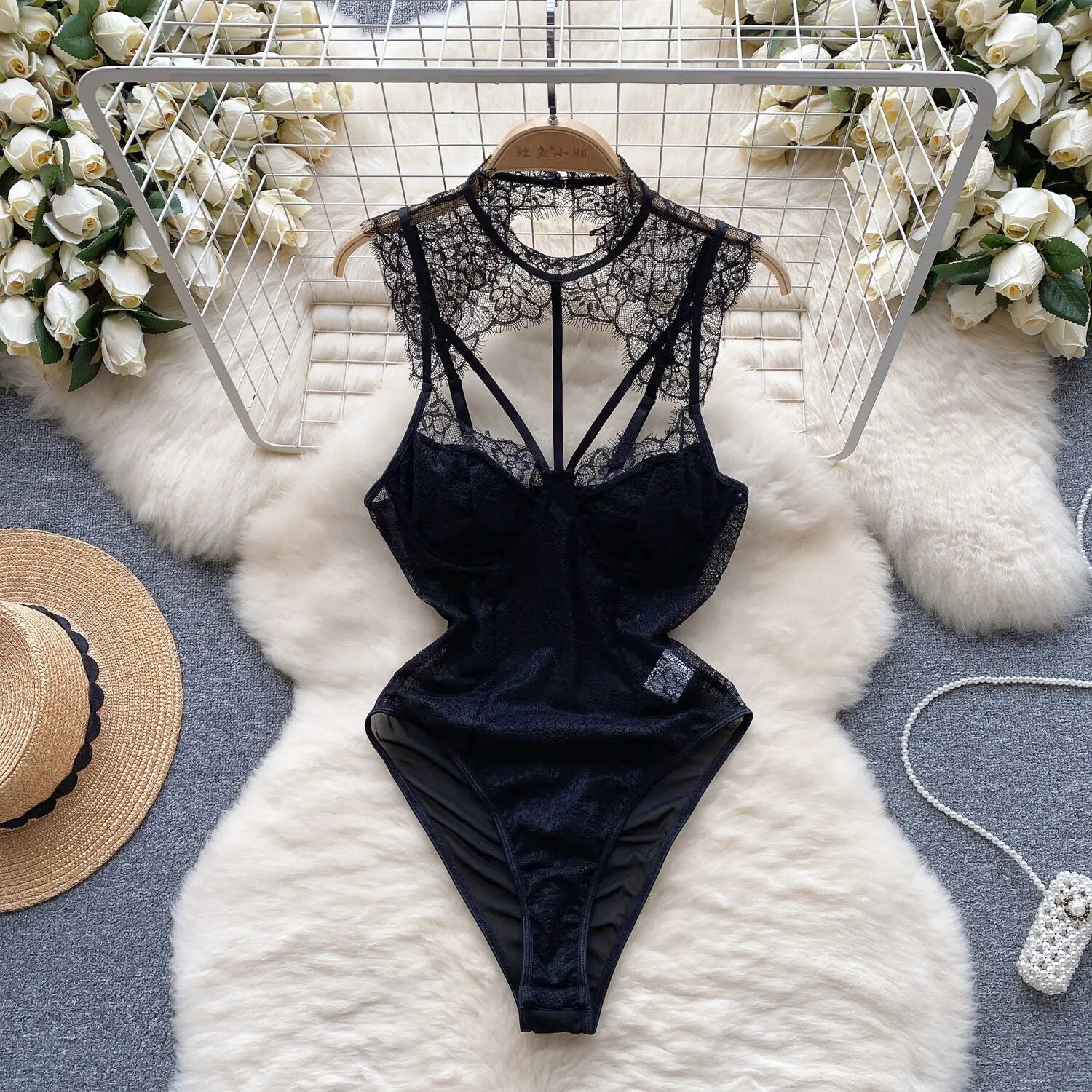 Elegant Black Lace Bodysuit With Sheer Panels on Luulla