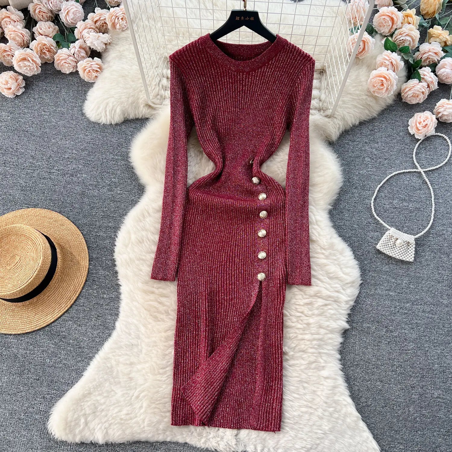 Elegant Ribbed Knit Side-button Midi Dress For Women on Luulla
