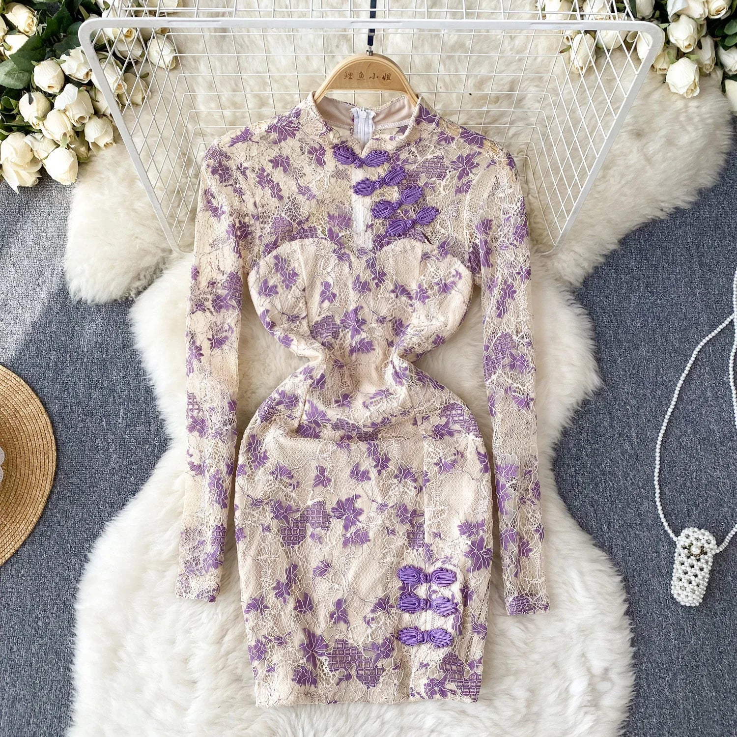 Elegant Floral Lace Long-sleeve Mini Dress Purple on Luulla