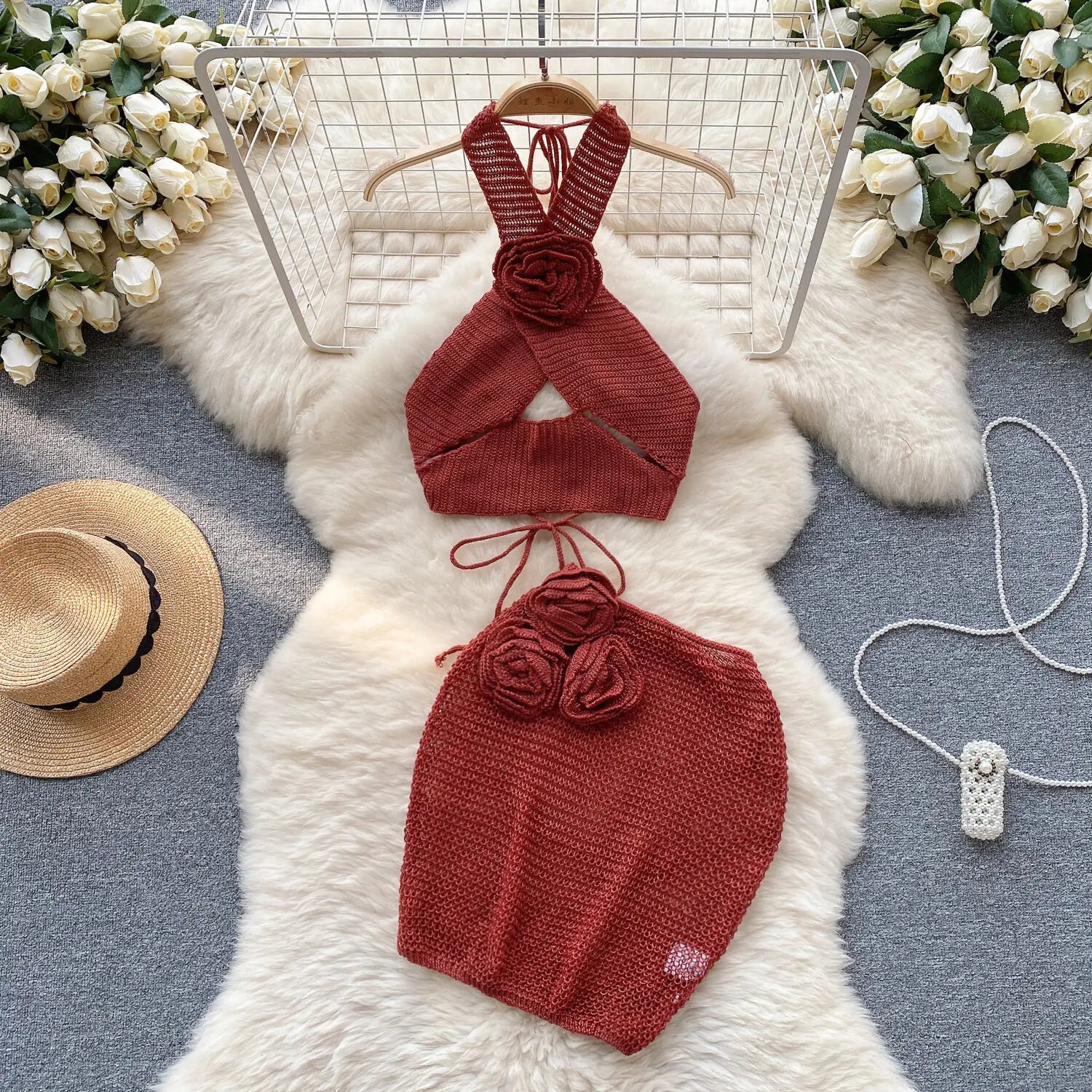 Womens Boho Knit Halter Crop Top And Skirt Set on Luulla