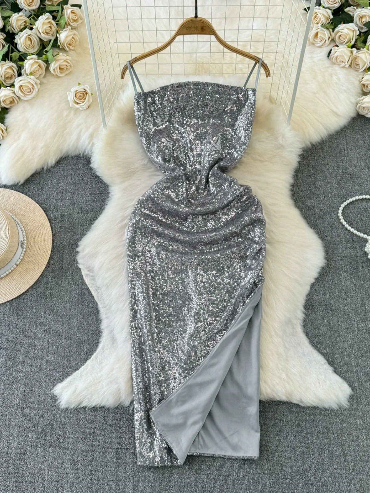 Elegant Silver Sequin Evening Gown With Cowl Neck on Luulla