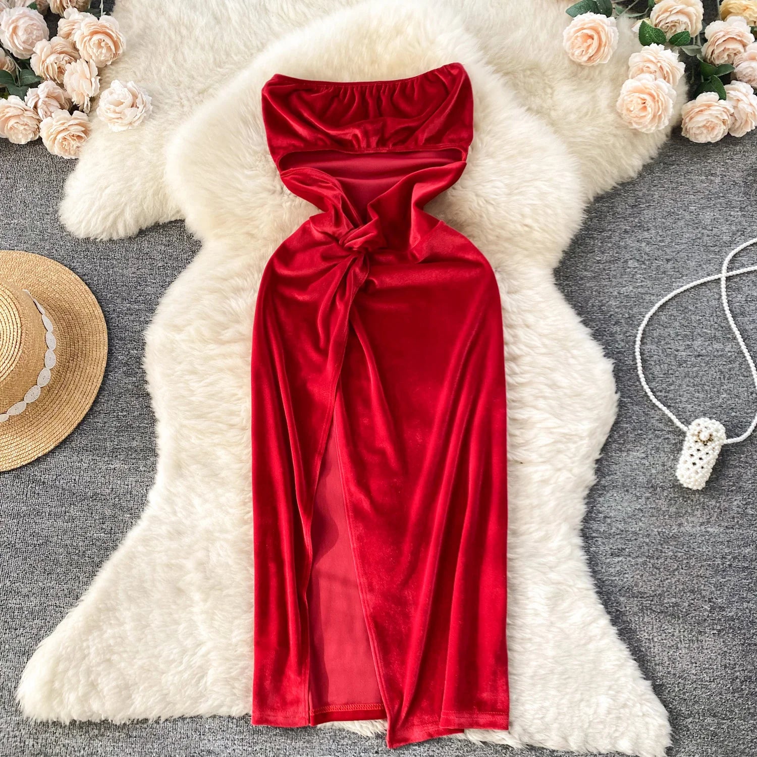 Elegant Red Velvet Evening Gown With Strapless Design on Luulla