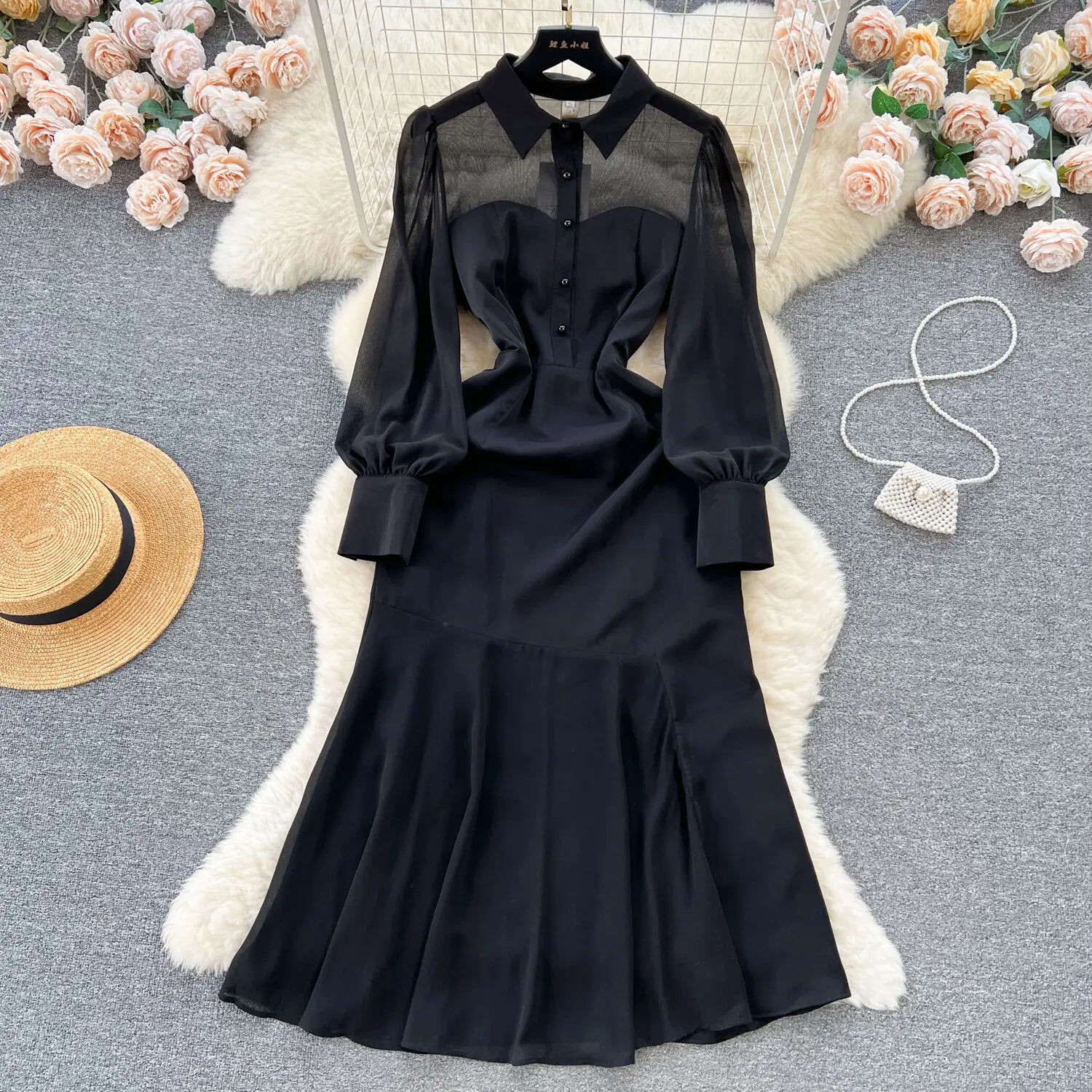 Elegant Black Sheer Panel Shirt Dress For Women on Luulla