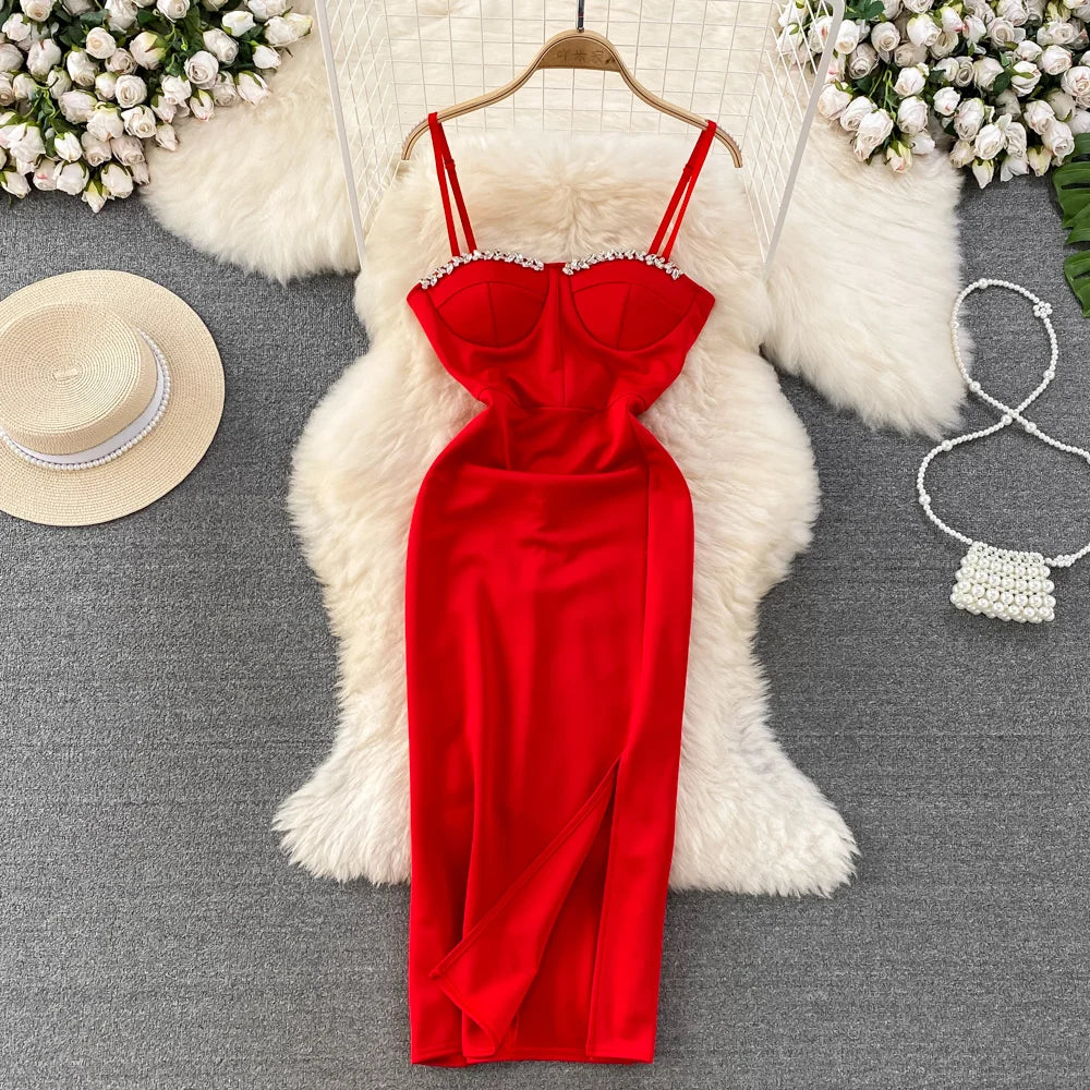 Elegant Red Satin Cocktail Dress With Pearl Detail on Luulla