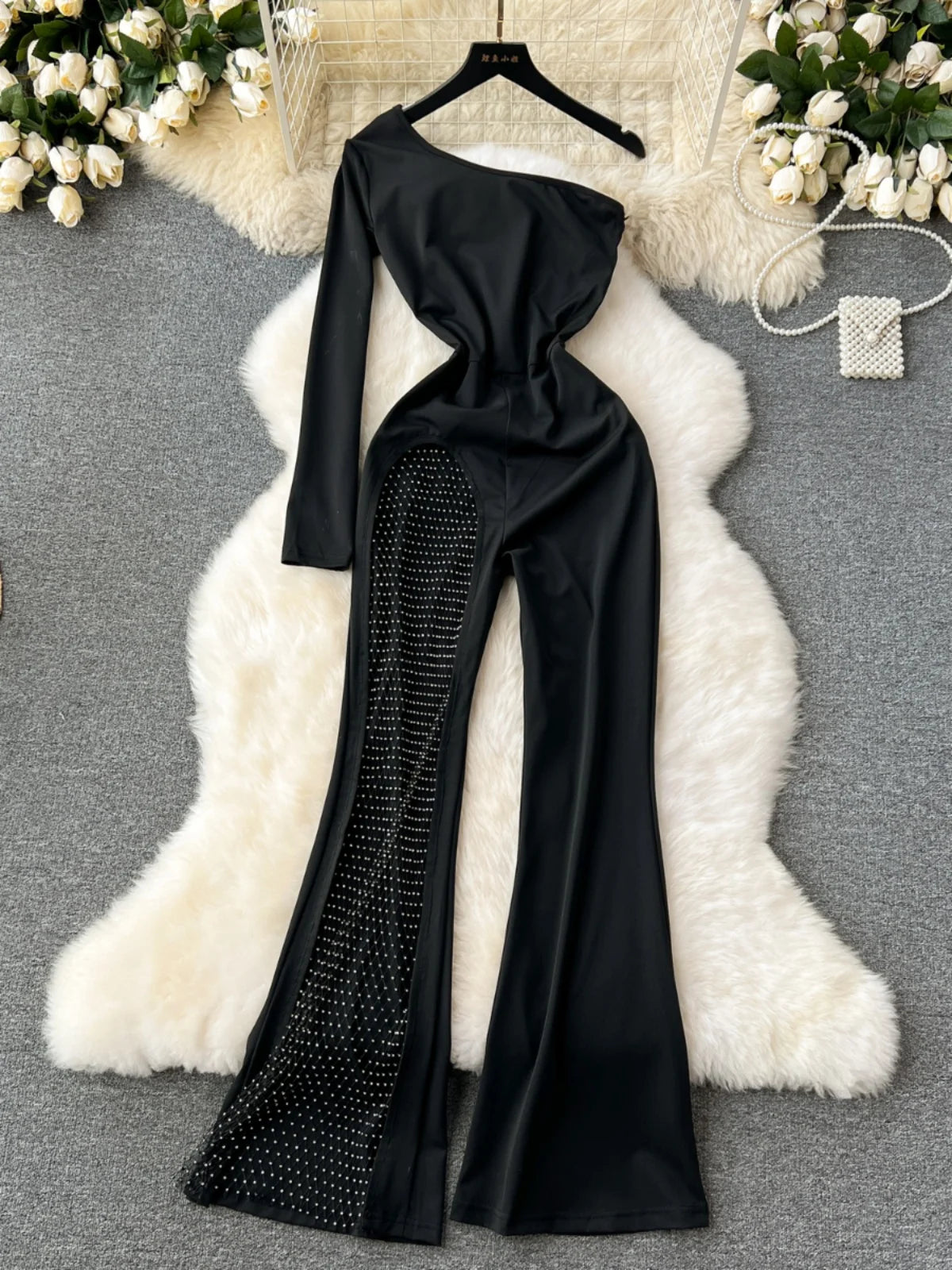 One-shoulder Black Jumpsuit With Rhinestone Side Detail on Luulla