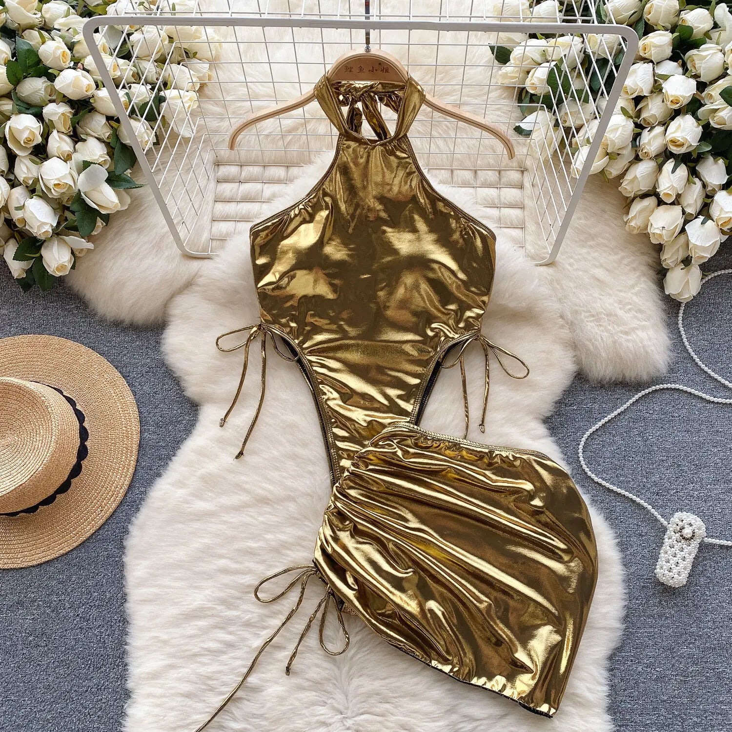 Womens Gold Halter Neck One-piece Swimsuit Shine on Luulla