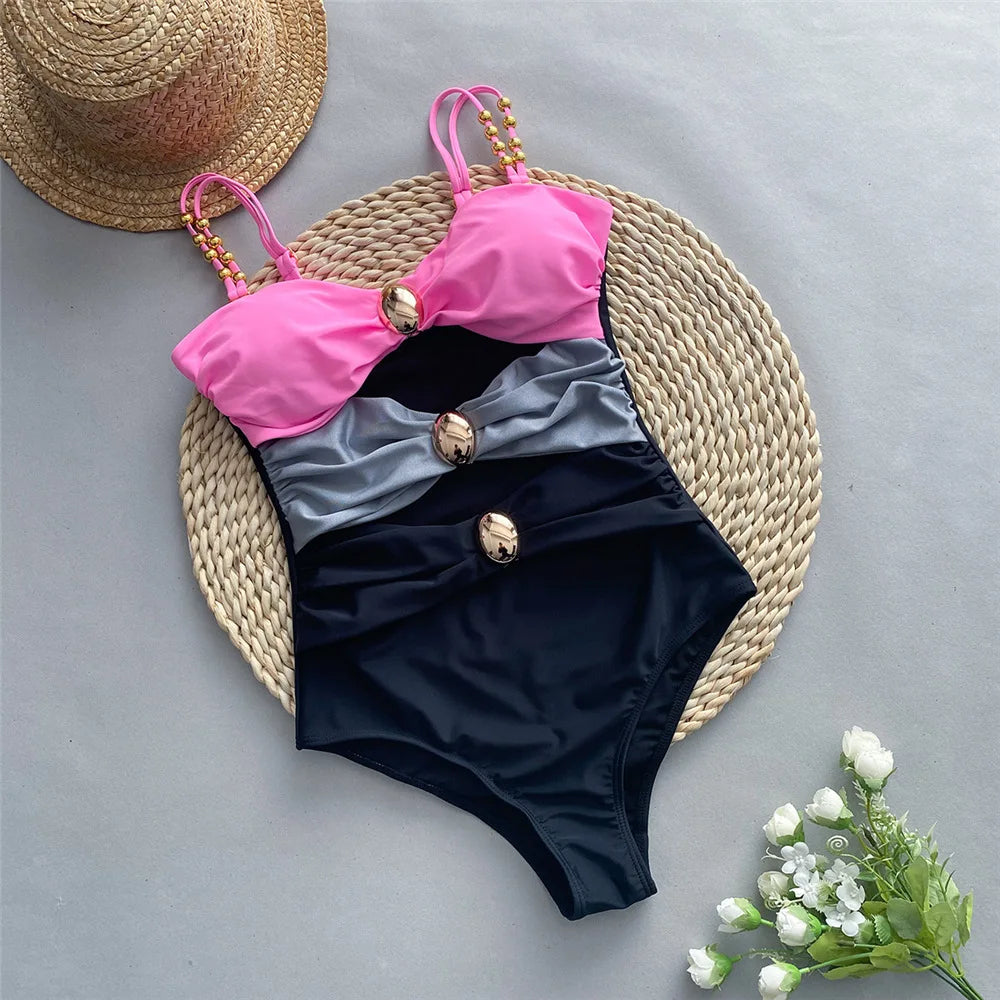 Womens Color Block One-piece Swimsuit With Beaded Accents on Luulla