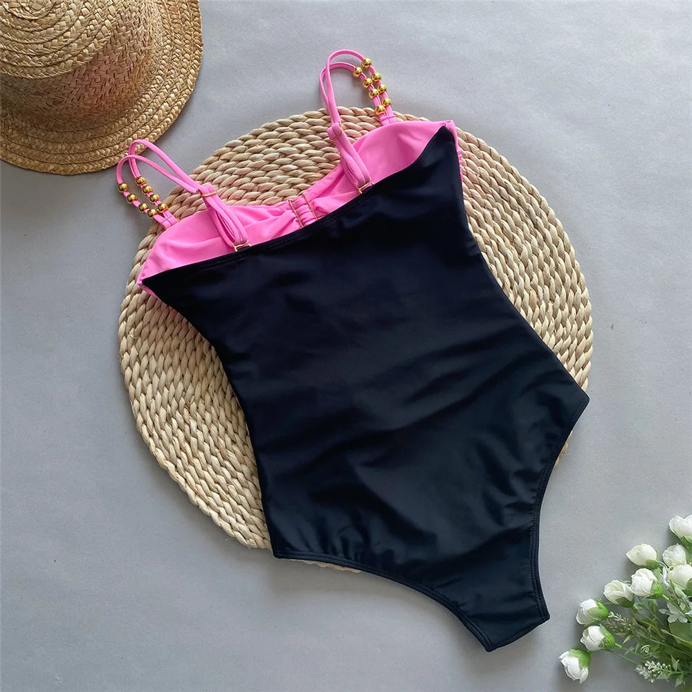 Womens Color Block One-piece Swimsuit With Beaded Accents on Luulla