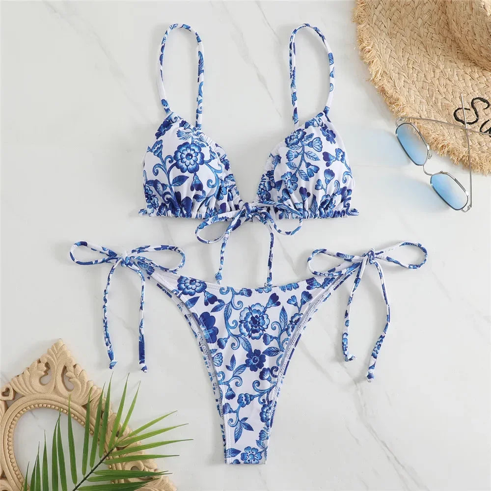 Womens Blue Floral Print Bikini Set Swimwear on Luulla